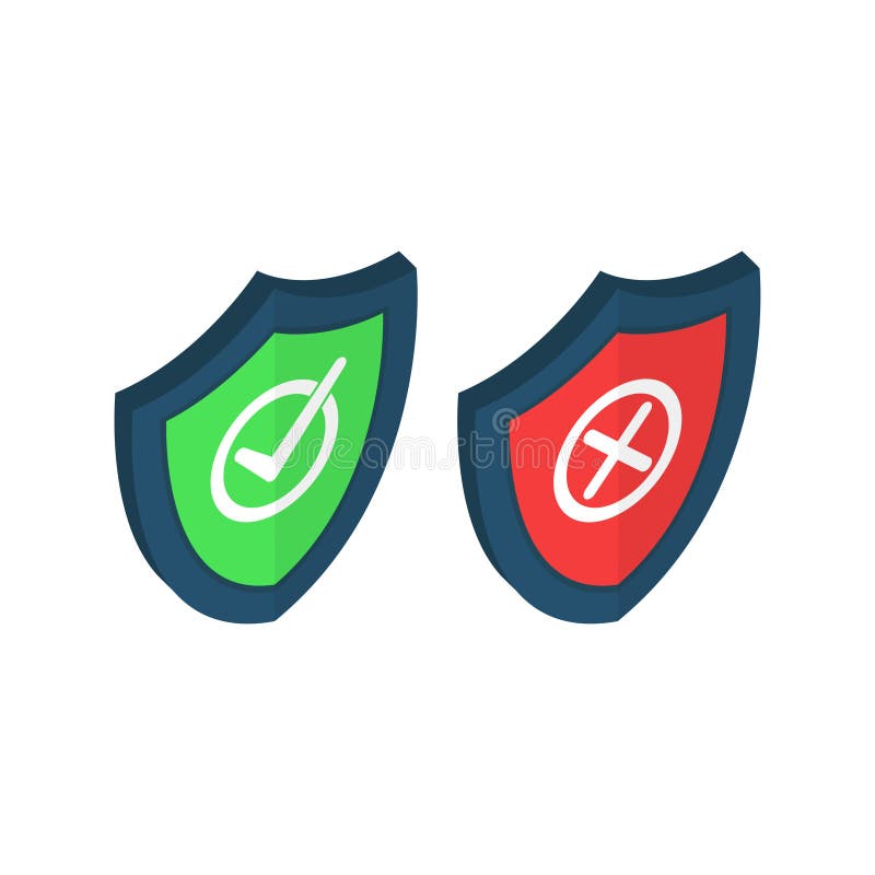 Shields and Check Marks Icons Isometric Set. Red and Green Shield with ...
