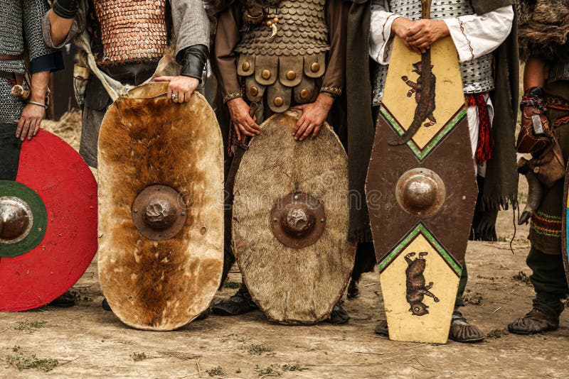 Shields and Weapons of Barbarian Legions. Stock Photo - Image of ...