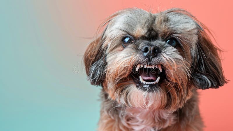 Shih Tzu, Angry Dog Baring Its Teeth, Studio Lighting Pastel Background ...