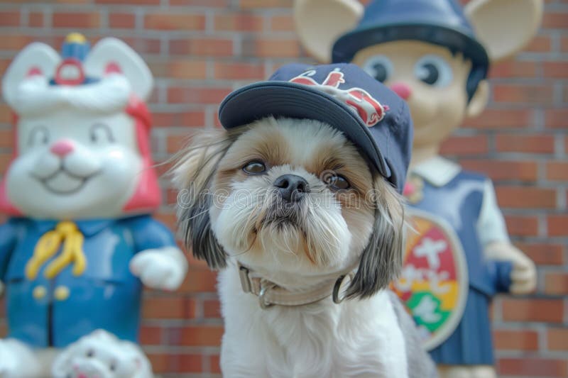 Shih Tzu Wearing a Cap, Front of a School Mascot Statue Stock Image ...