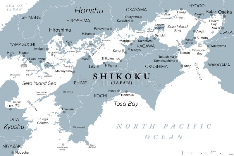 Shikoku Island and Region in Japan with Prefectures, Gray Political Map ...