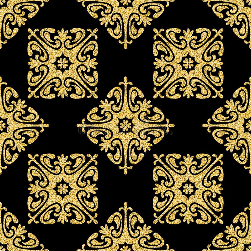 Shimmer Gold Seamless Pattern in Arabic Style, Black Gold Arabesque ...