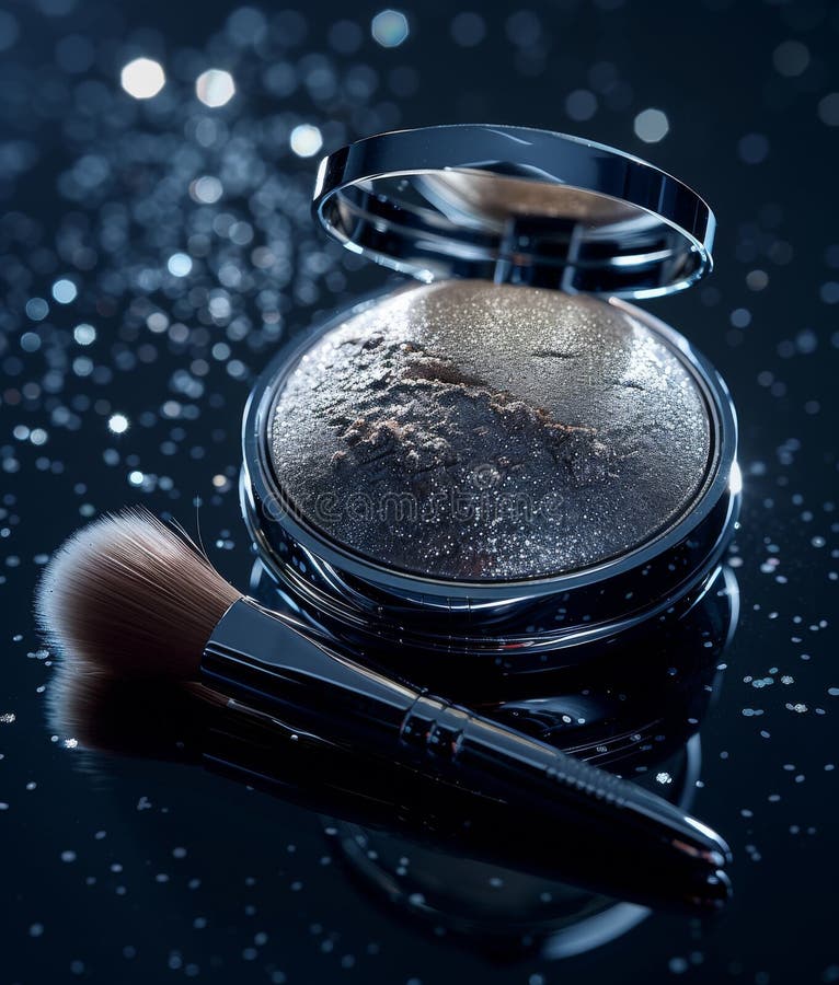 Shimmering Compact Powder and Makeup Brush on Glittery Surface ...