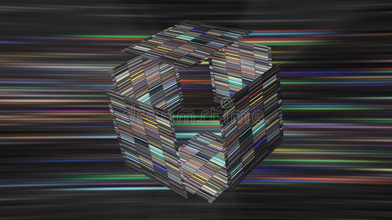 Shimmering 3D Striped Cube. Motion. Glowing and Flashing Square in ...