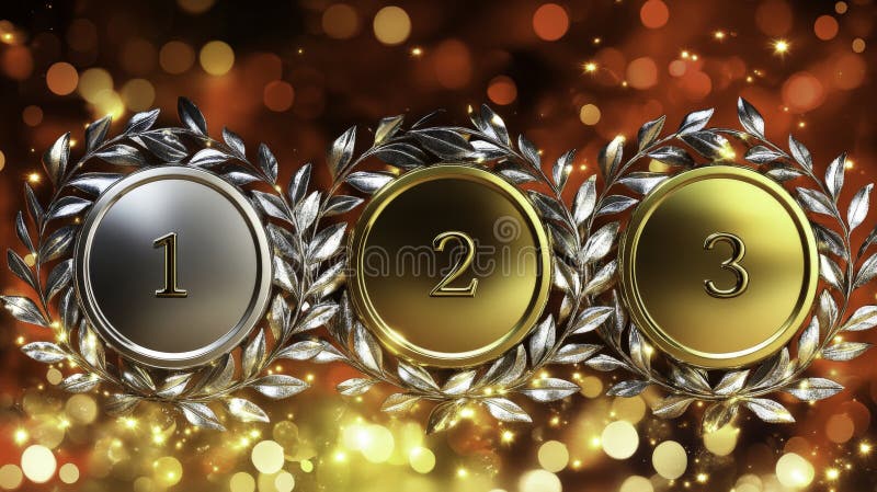 Shimmering First, Second, and Third Place Awards with Laurel Wreaths ...