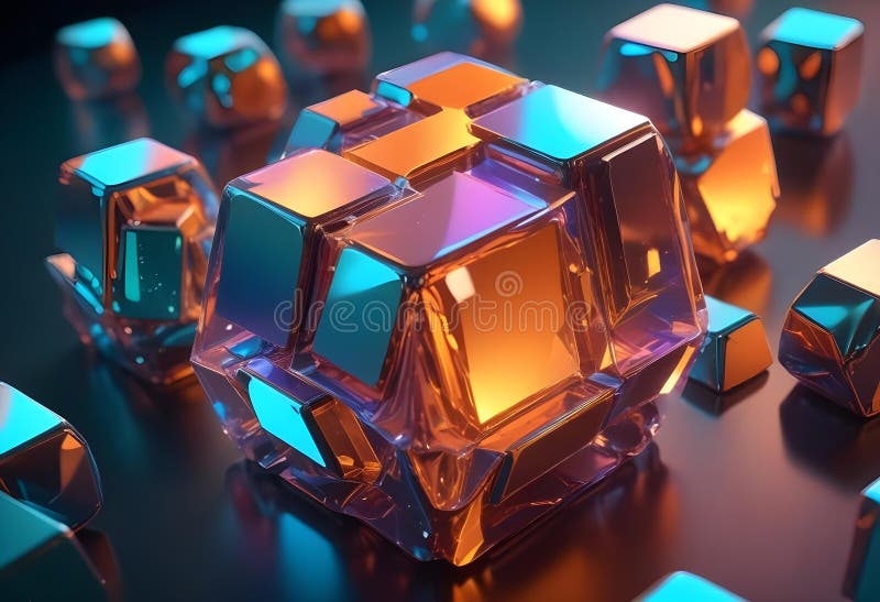 Shimmering Futuristic Crystal Cube with Orange and Teal Reflections ...