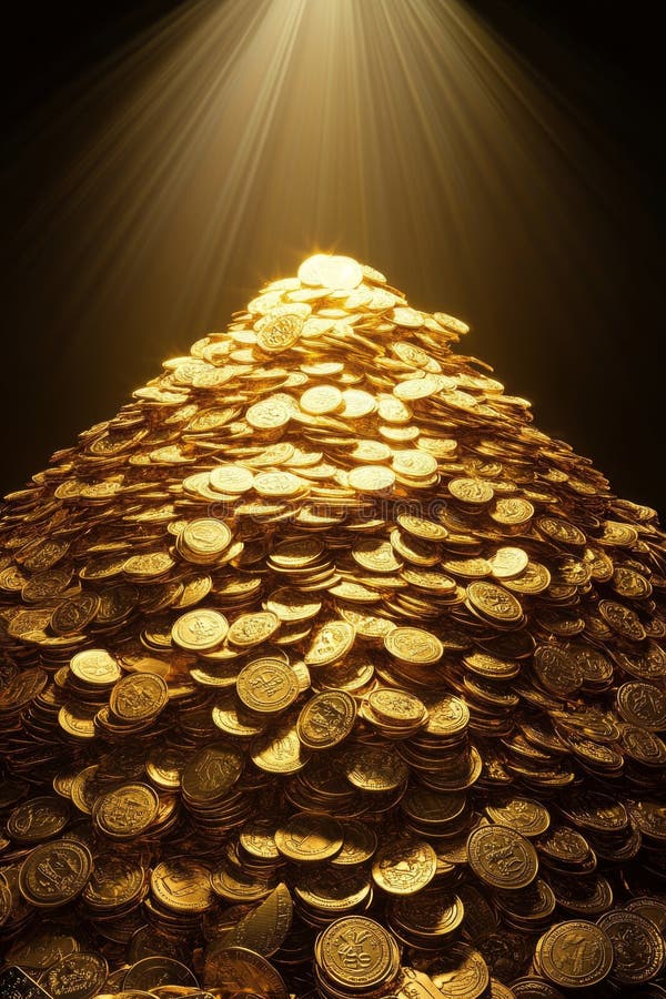 Shimmering Gold Coins Create a Dazzling Pyramid Under Radiant Light ...