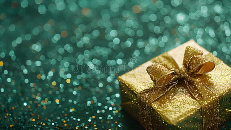 Shimmering Gold Gift Box with Bow on Blurred Glitter Sparkles and Bokeh ...