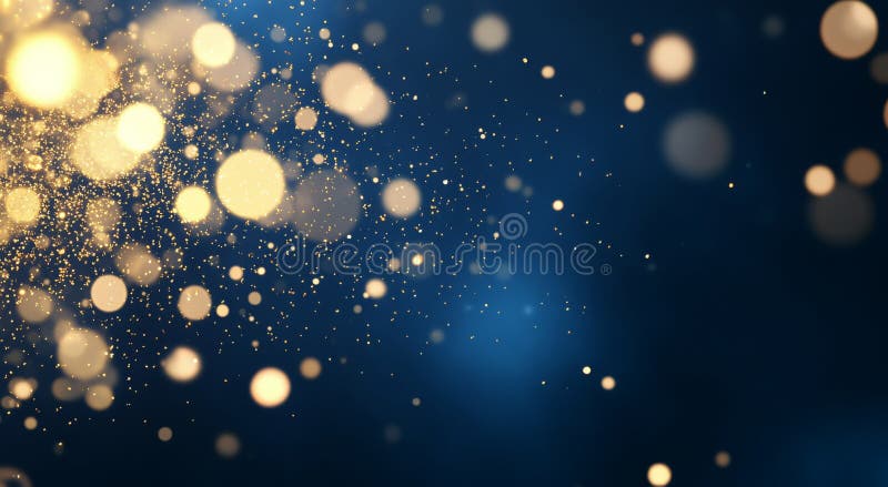 Shimmering Gold Particles Float Against a Dark Blue Background Creating ...
