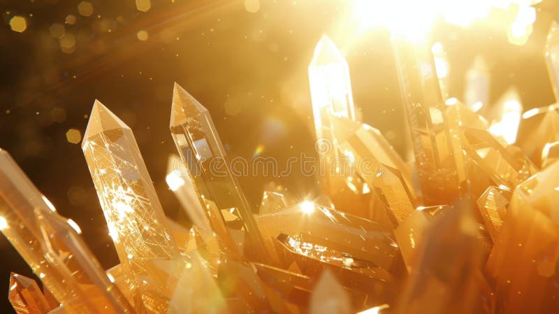Shimmering Golden Crystal Formation with Sparkling Light Effects Stock ...