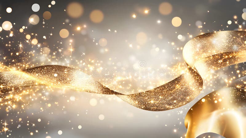 Shimmering Golden Ribbon with Sparkling Lights and Bokeh Effects Stock ...