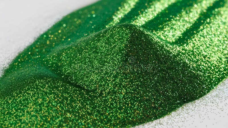 Shimmering Green Glitter Rests on a Smooth Surface, Capturing Light and ...