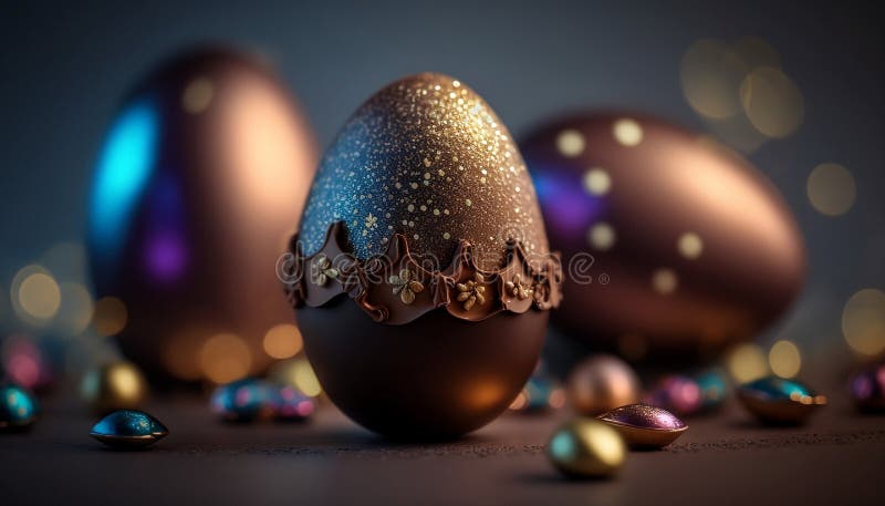 Shimmering Metallic Chocolate Easter Eggs on a Table with Decorations ...