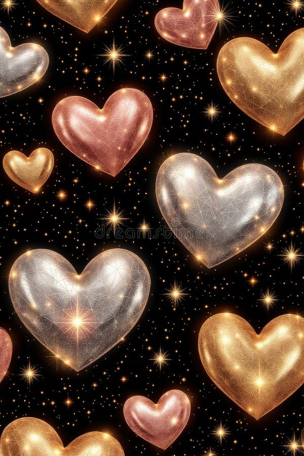 Shimmering Metallic Hearts with Sparkling Stars on Black Background ...