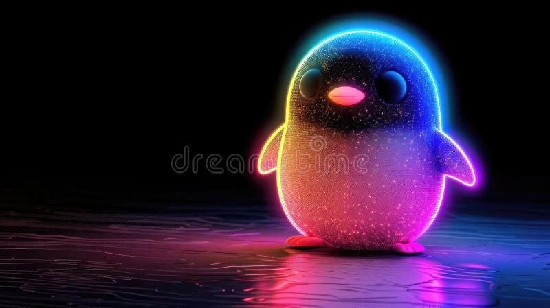 A Shimmering Neon Penguin with a Magical Aura on a Reflective Surface ...