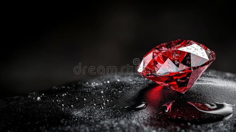 Shimmering Red Ruby Gemstone on Glossy Black Surface with Water ...