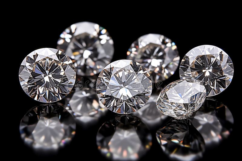 Shimmering Round-cut Diamonds on a Black Reflective Surface, Showcasing ...