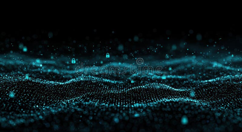 A Shimmering Turquoise Data Stream Flows with Lock Icons Symbolizing ...
