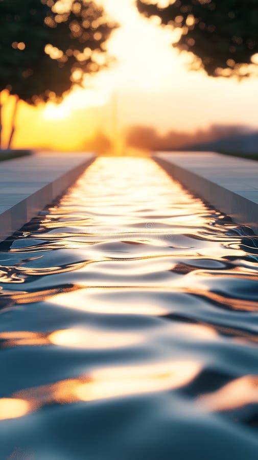 Shimmering Water Reflection during Sunset with Pathway and Trees Stock Image - Image of evening ...