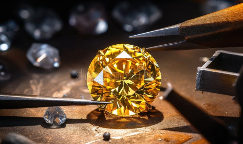A Shimmering Yellow Diamond Being Cut with Precision Stock Illustration ...