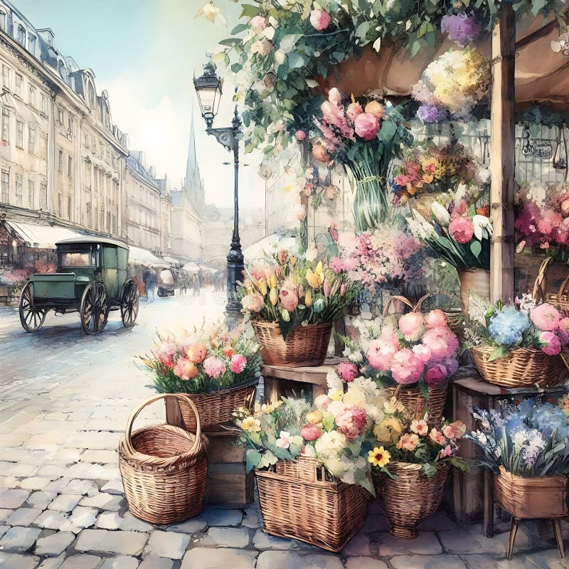 Street Flower Market in Paris, Watercolor Painting. Stock Illustration ...