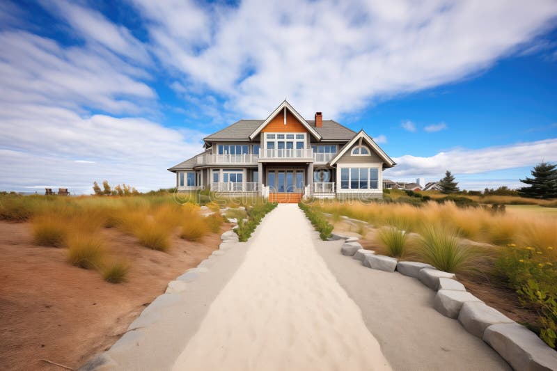Shingle Style Estate with Private Sand Dune Path Stock Photo - Image of ...