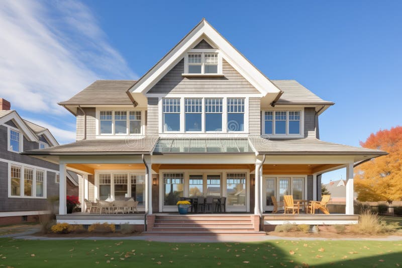 Shingle Style Gambrel House with Wraparound Windows Stock Illustration ...