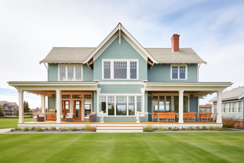 Shingle Style Gambrel House with Wraparound Windows Stock Photo - Image ...