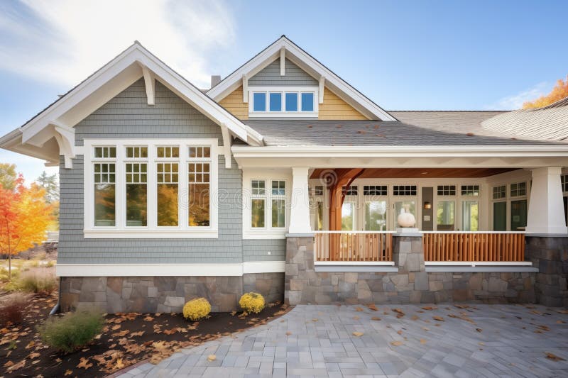 Shingle Style Home with Stone Accented Window Wells Stock Photo - Image ...