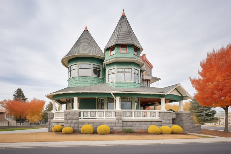 Shingle Style Home with Stone Facade and Turret Feature Stock Photo ...
