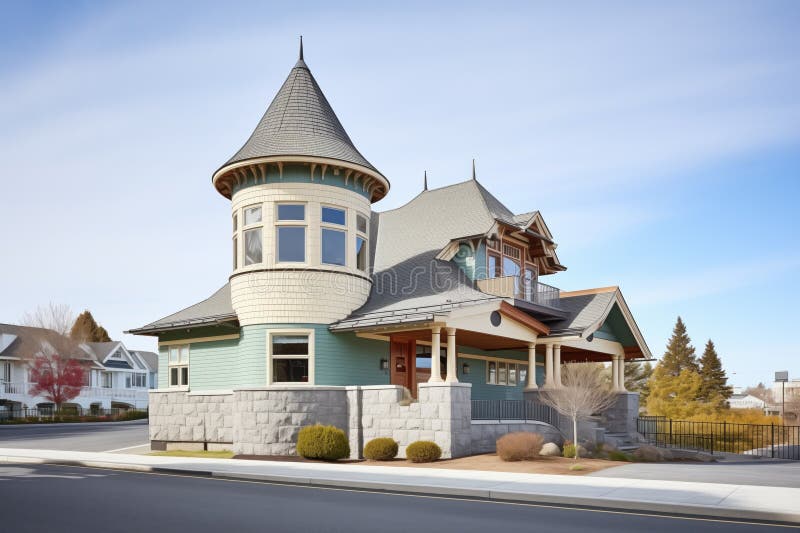 Shingle Style Home with Stone Facade and Turret Feature Stock Photo ...