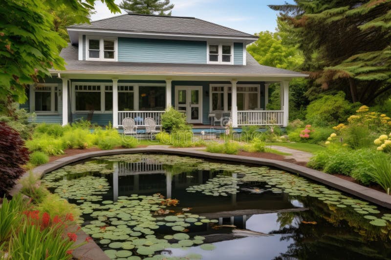 Shingle Style House with Veranda and a Pond in the Backyard Stock Image ...