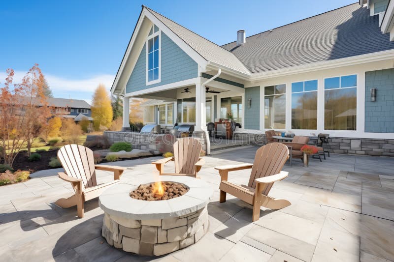 Shinglestyle Home with Stone Fire Pit in the Yard Stock Image - Image ...