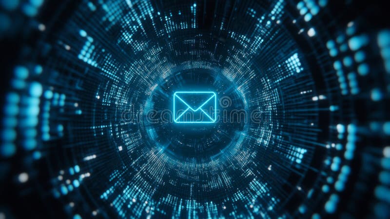 A Shining Blue Mail Icon, Framed by Streams of Digital Data ...