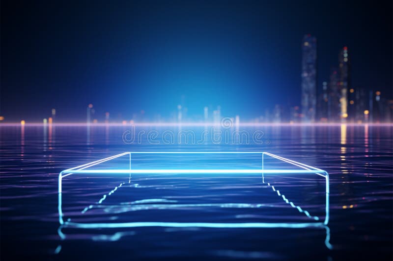 Shining Blue Neon Square 3D Render on Reflective Water Surface Stock ...