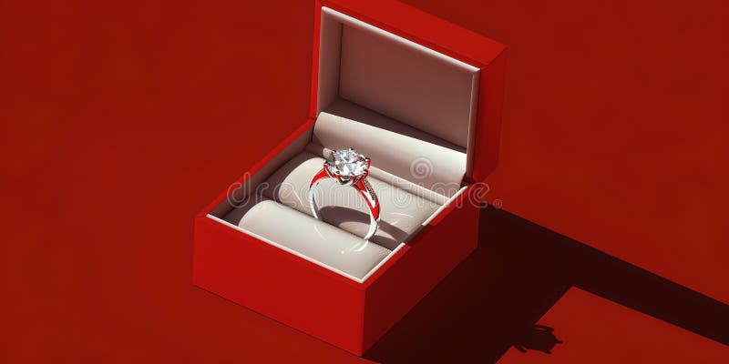Elegant Engagement Ring in a Plush Box on Red Background. Perfect for ...