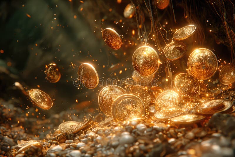 Shining Gold Coins Raining Down in a Cave an Enchanting Visual of ...
