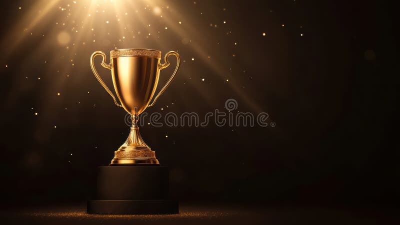 Shining Gold Trophy with Glowing Light Spotlights on Dark Background ...