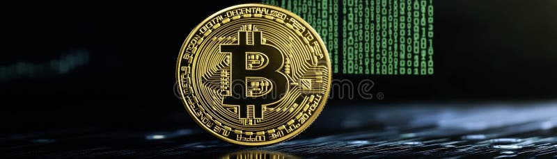 Shiny Gold Bitcoin Floating on a Shiny Dark Surface with Glowing Green ...