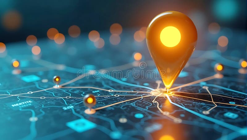 A Shining Golden Location Pin Placed on a Futuristic Digital Map ...