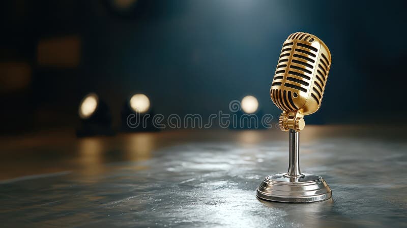 Shining Golden Microphone on Stage, Ready for Performance and ...