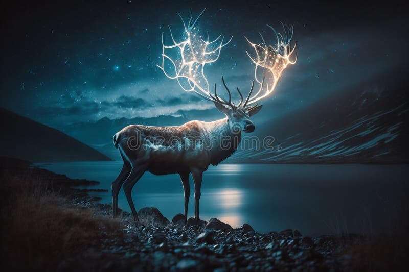Shining Horns of a Reindeer at Night. AI Stock Illustration ...