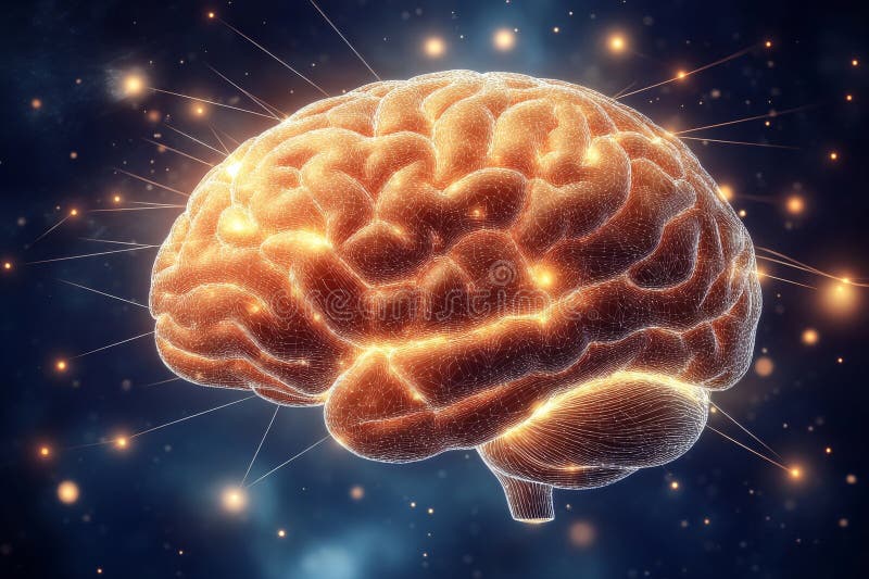 A Shining Human Brain Intertwined with a Network of Red and Blue Lines ...