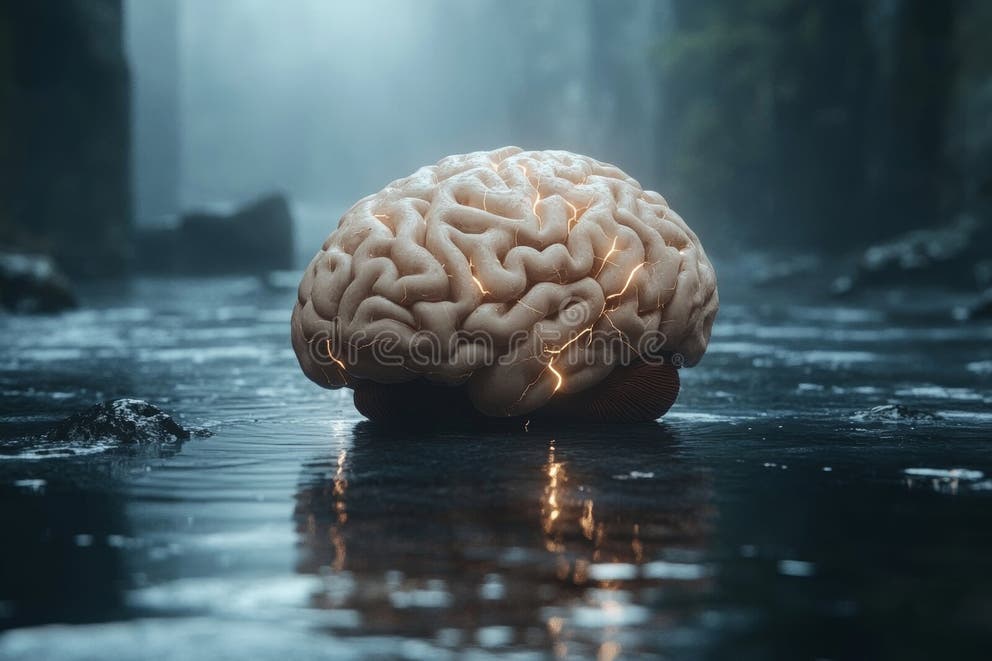 A Shining Human Brain within a Network of Lines, Highlighted by Bright ...