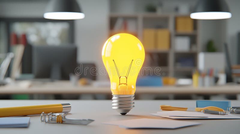 A Shining Light Bulb Lights Up a Creative Workspace, Which is Equipped ...