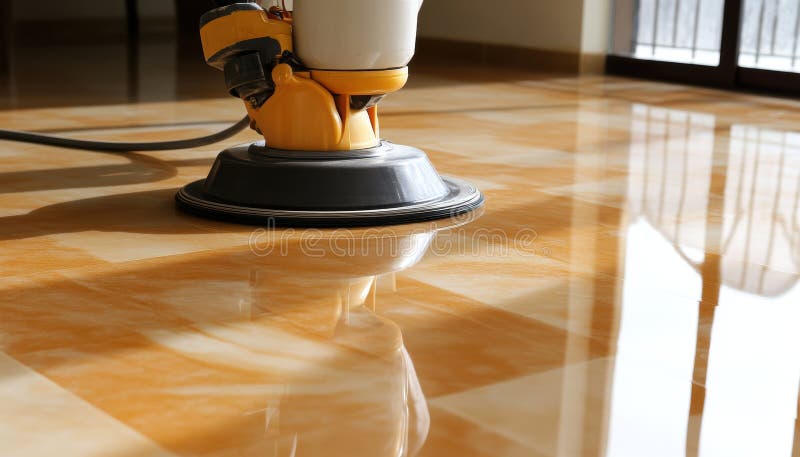 Shining Marble Floor Being Polished Indoors during Daylight with Bright ...