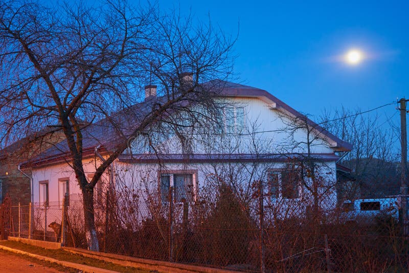 Shining Moon in Autumn on the House,house at Night with Full Moon with ...