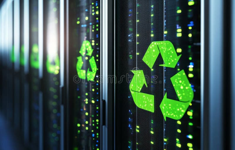 A Shining Recycle Emblem in a Digital City of the Future, Framed by a ...