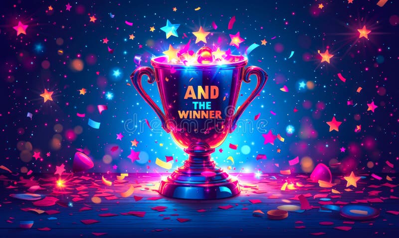 A Shining Trophy Cup Overflows with Colorful Beams and Stars ...
