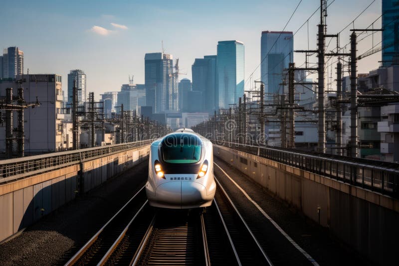 Shinkansen Bullet Train, View from the Front, with City Skyline in the ...